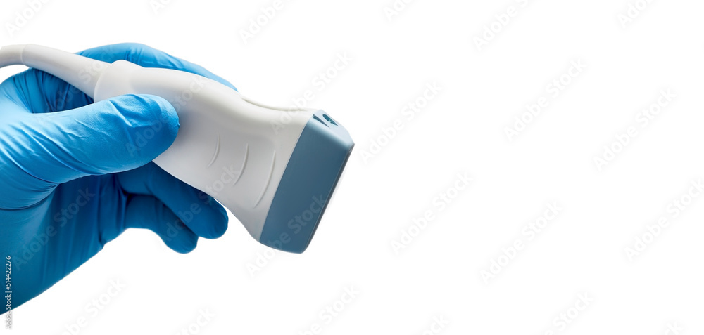 Medical ultrasound probe from ultrasonic machine in doctor's hand close ...