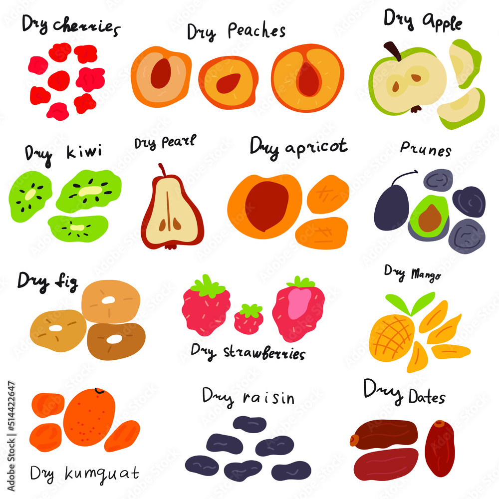 Collection of dried fruits. Flat vector hand drawn illustrations on ...