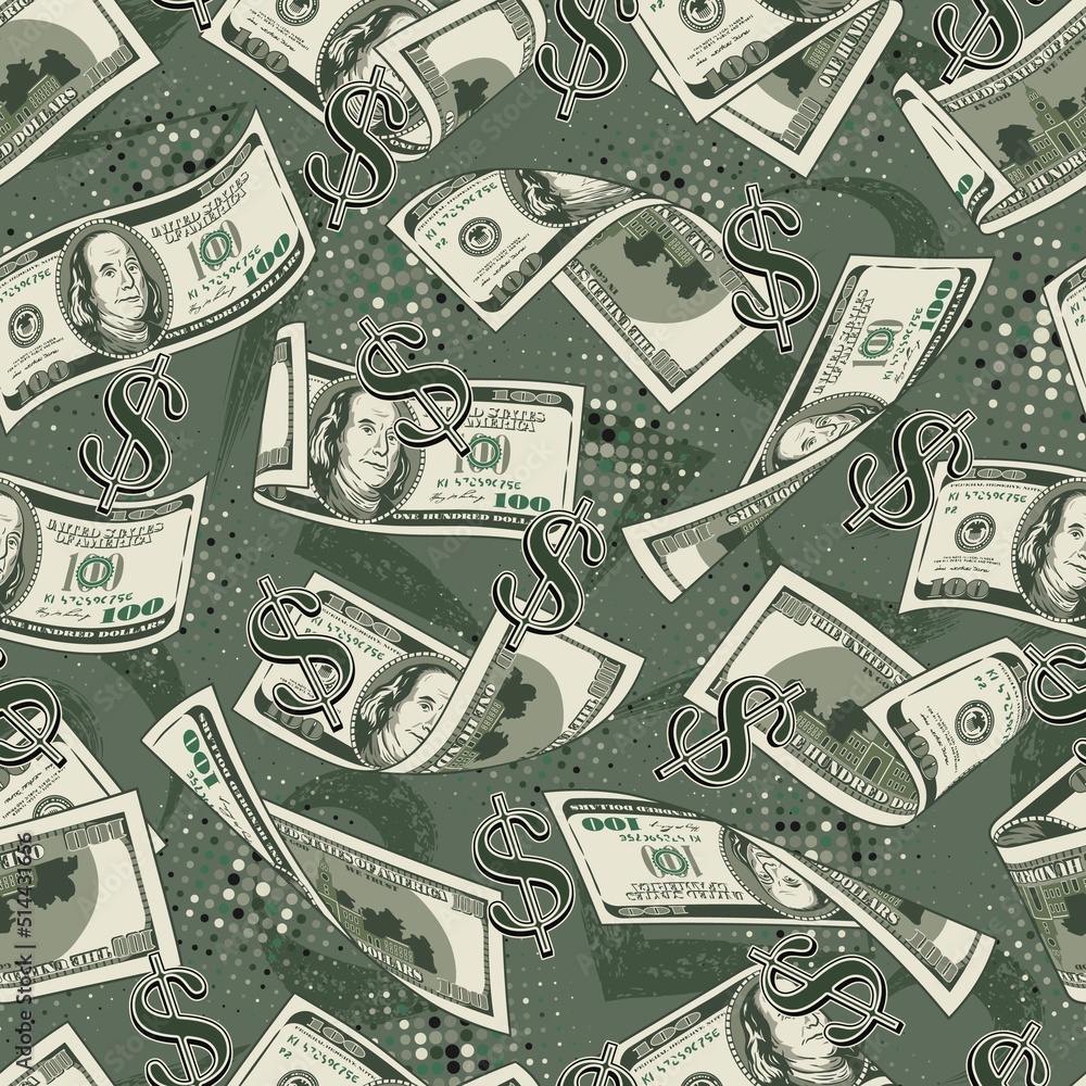 Money vintage seamless pattern with lots dollar bills, dollar sign ...