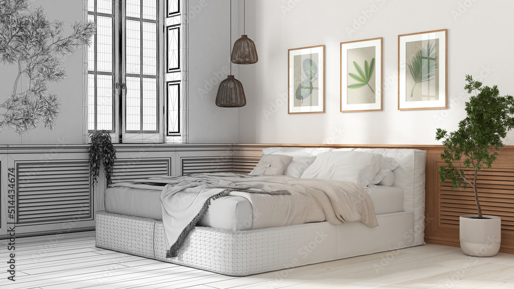 Architect interior designer concept: hand-drawn draft unfinished ...