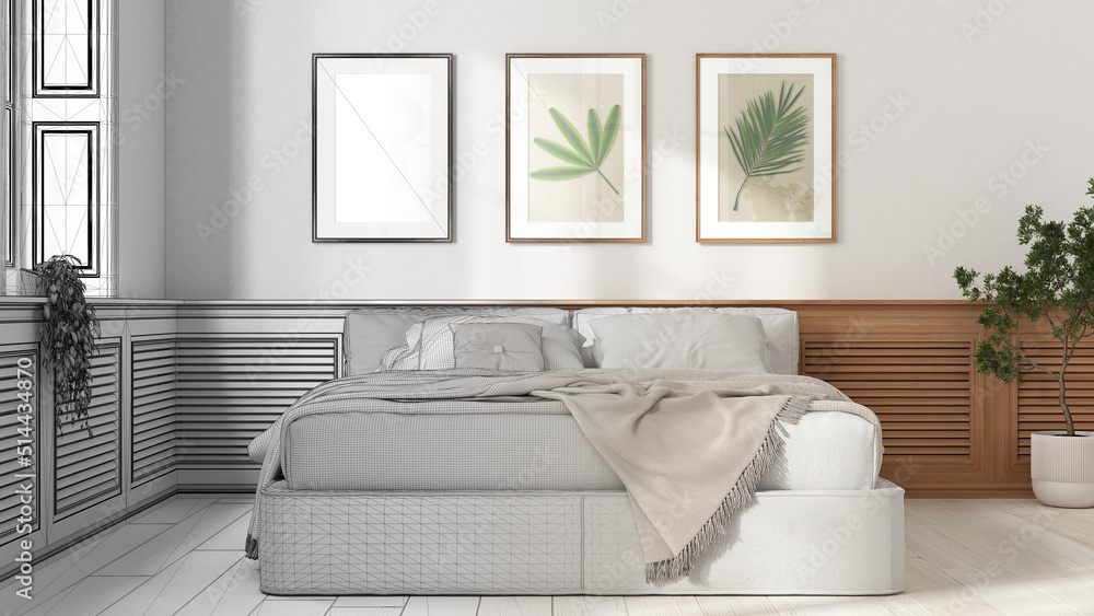 Architect interior designer concept: hand-drawn draft unfinished ...