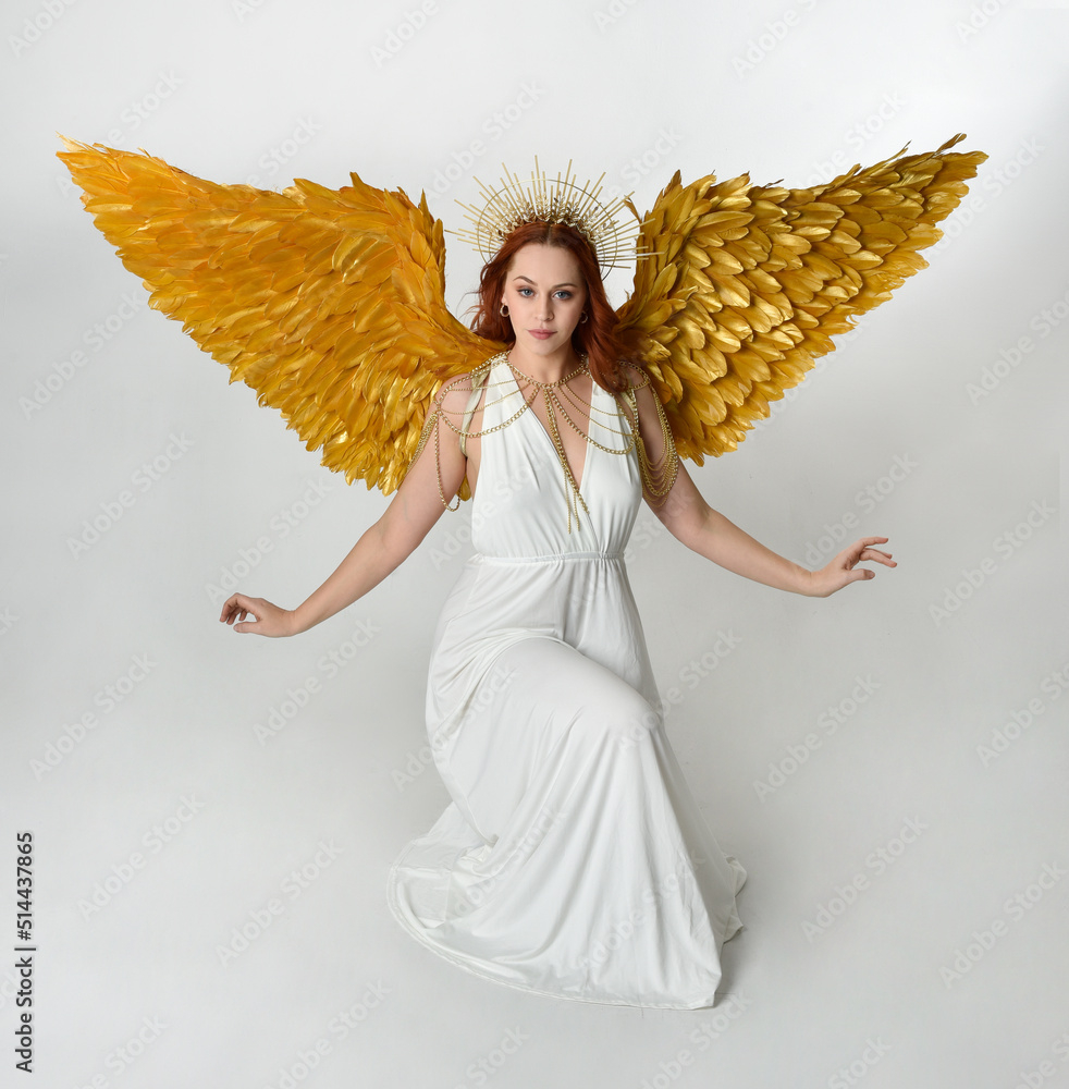 Full length portrait of beautiful red head woman wearing long flowing ...