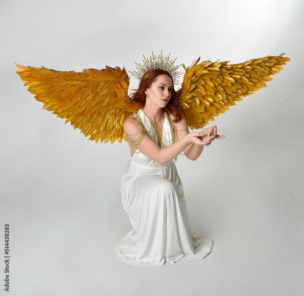 Full length portrait of beautiful red head woman wearing long flowing ...