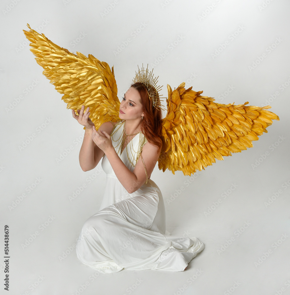 Full length portrait of beautiful red head woman wearing long flowing ...