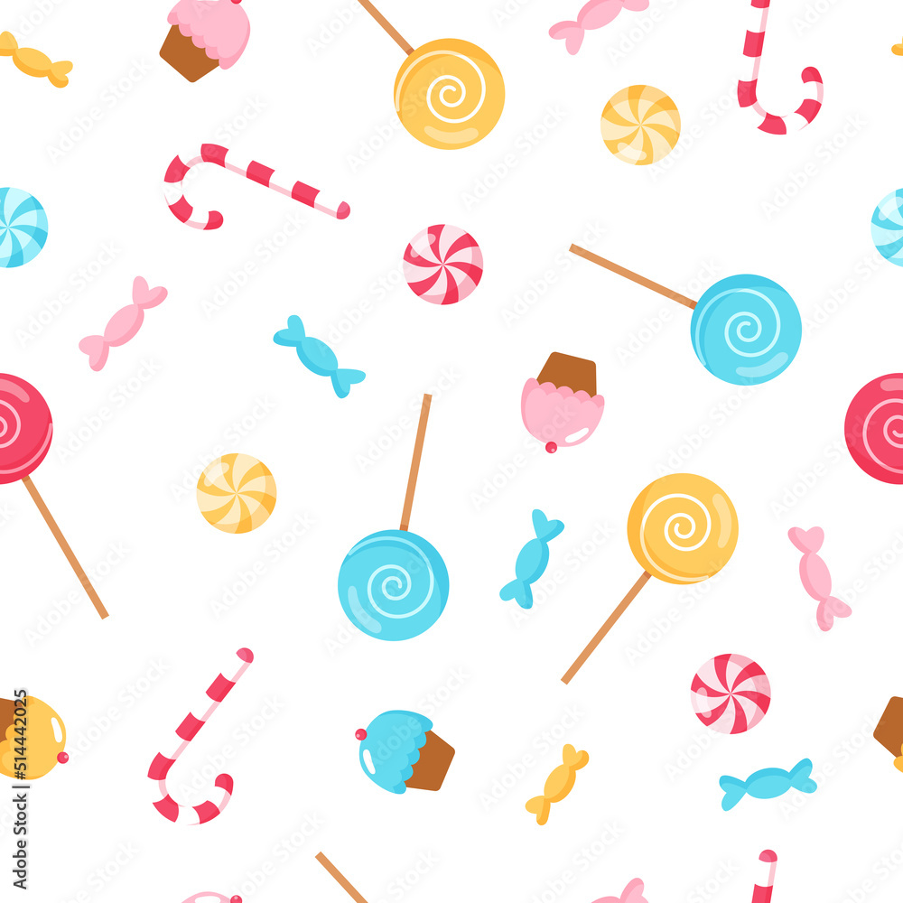 Seamless pattern with sweets, candies, lollipops, cakes on white ...