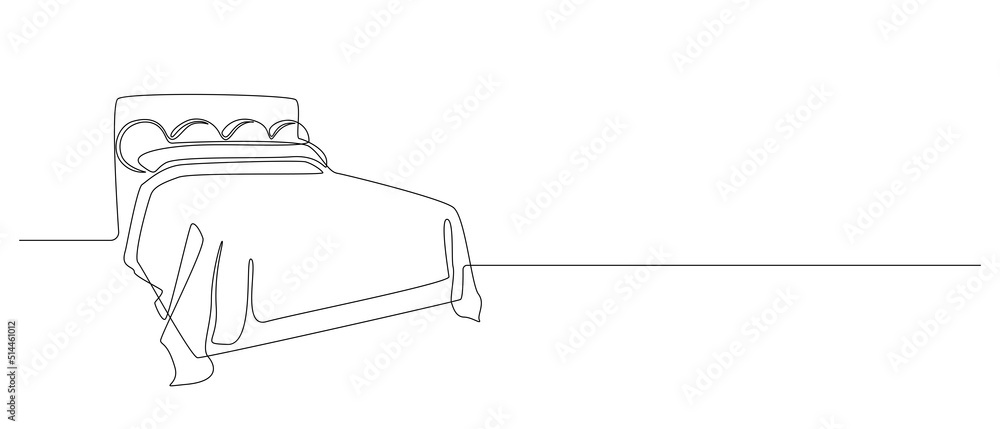 Continuous one line drawing of double bed in bedroom. Modern cozy ...