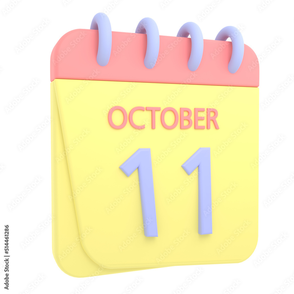 11th October 3D calendar icon. Web style. High resolution image. White ...