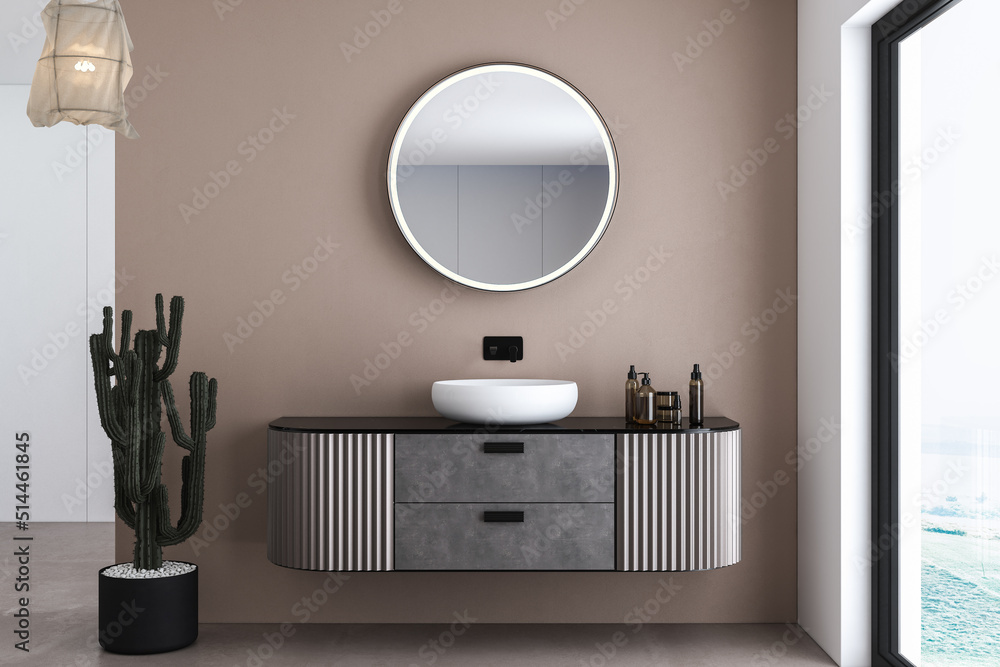 Front view modern bathroom furniture with white sink standing on marble ...