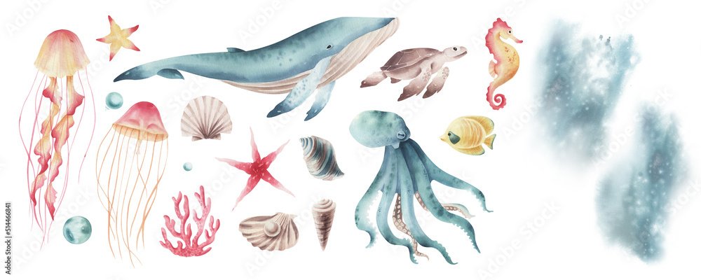 Set of watercolor marine illustrations with sea animals isolated on ...