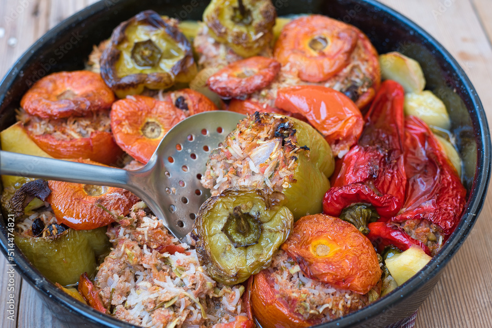 Gemista" (or "Yemista"), a traditional Greek food. Vegetables (tomatoes ...