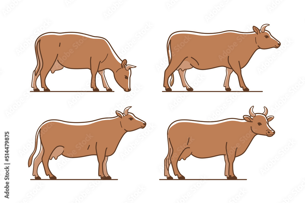 Cartoon cow icon set. Cute animal character in different poses. Vector ...