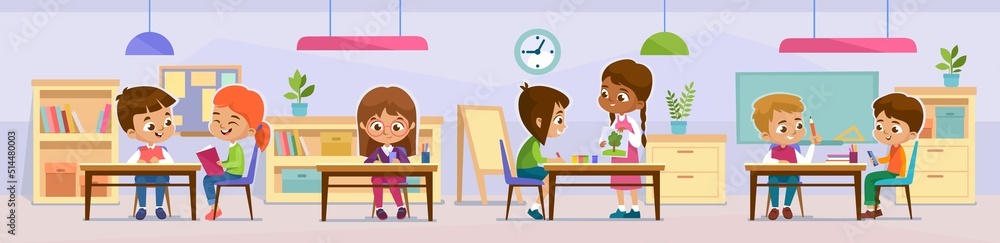 A diverse group of children, boys and girls, studying and playing in a ...