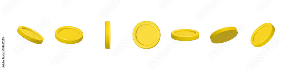 3d gold coins set in different positions. Falling rotate empty golden ...