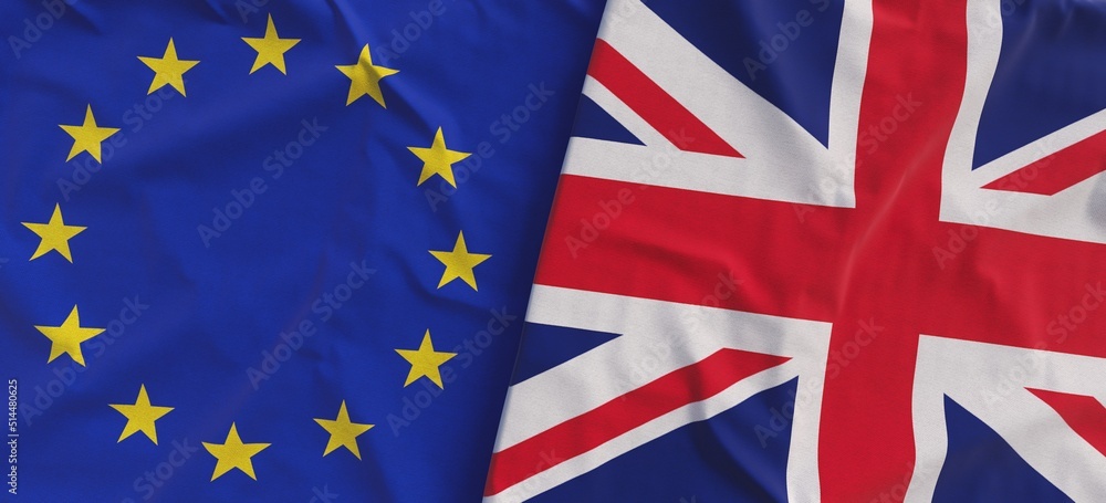 Flags of European Union and the United Kingdom. Linen flags close-up ...