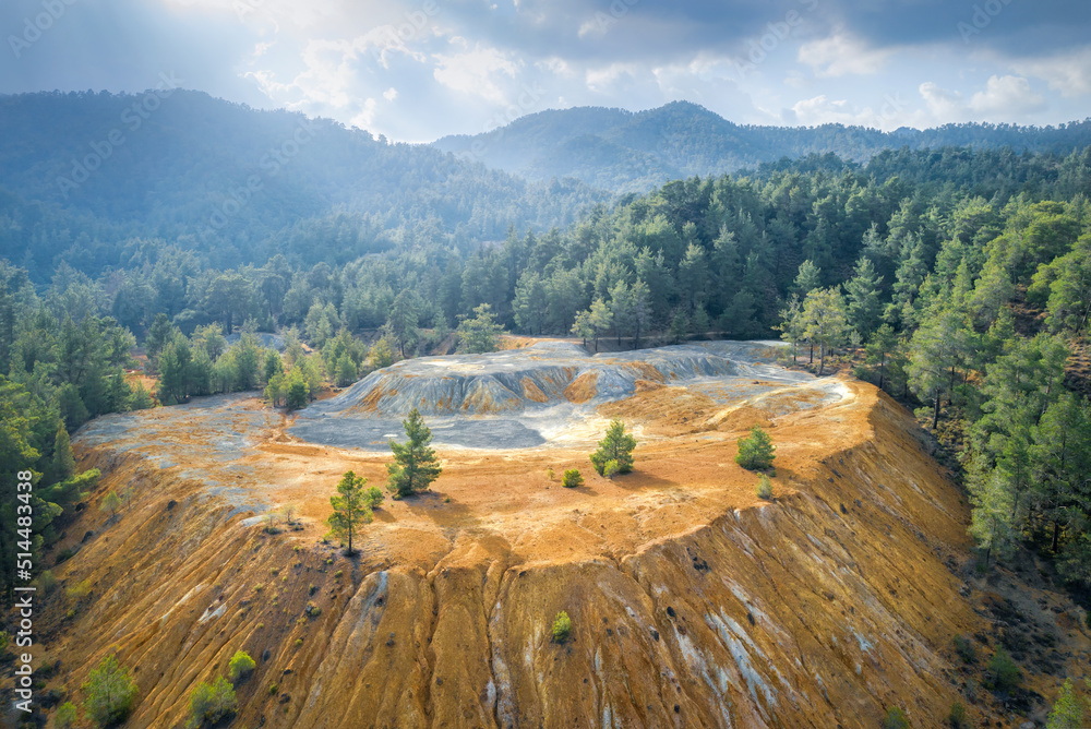 Restoration of abandoned mine site. Pine trees growing over copper and ...