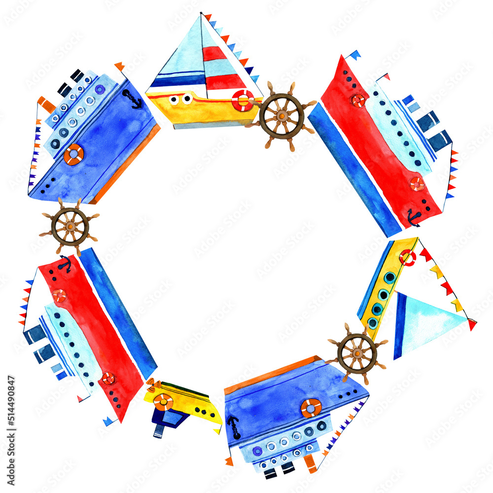 Watercolor boats and ships in round frame. Cartoon border with sails ...