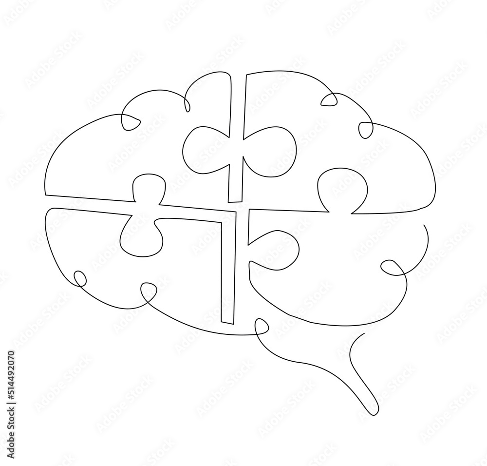 Continuous single drawn one line brain hand-drawn. Hand drawn puzzle ...