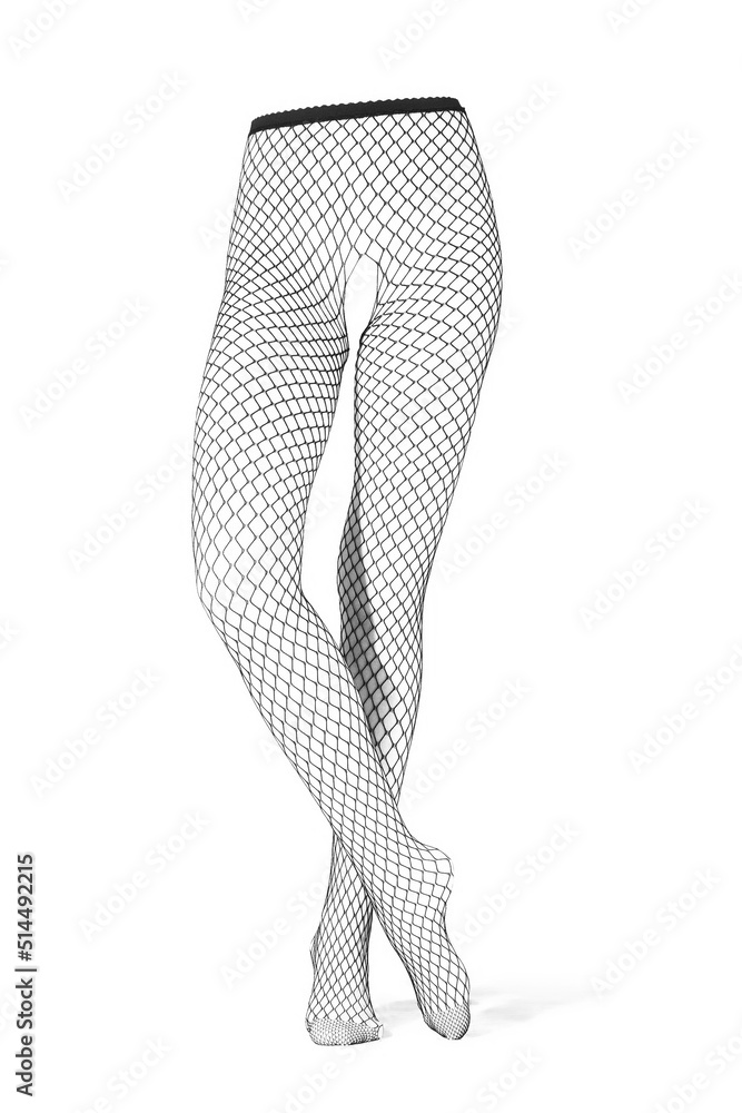 Detailed shot of black coarse mesh tights with an open crotch. The ...