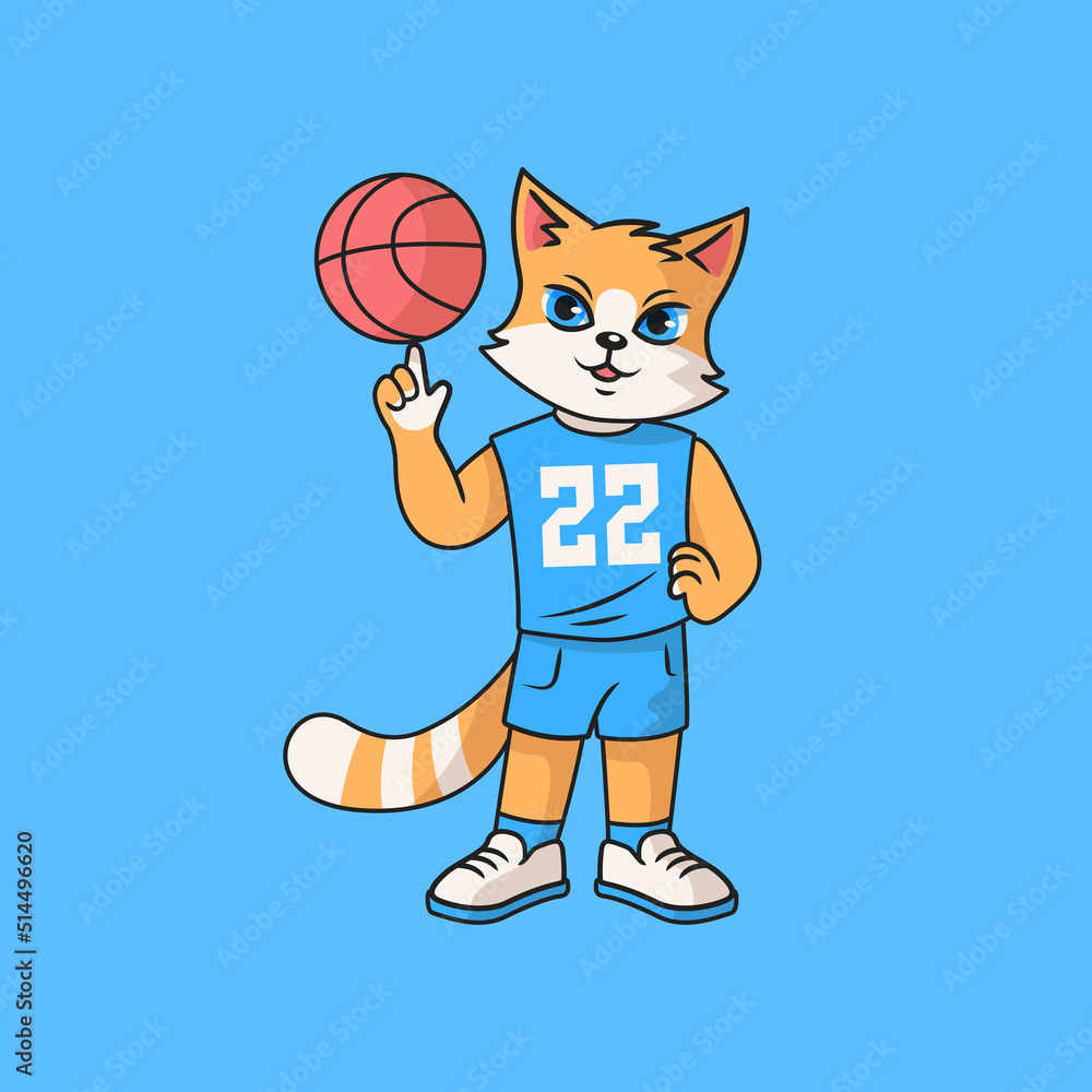 Cute red cat in sports uniform with basketball ball. Cartoon vector ...