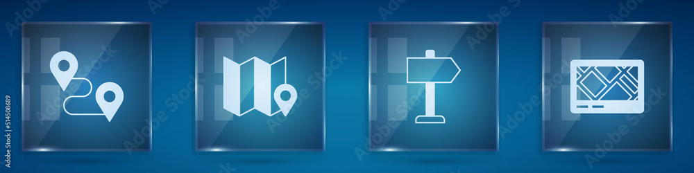 Set Route location, Folded map with marker, Road traffic sign and Gps ...