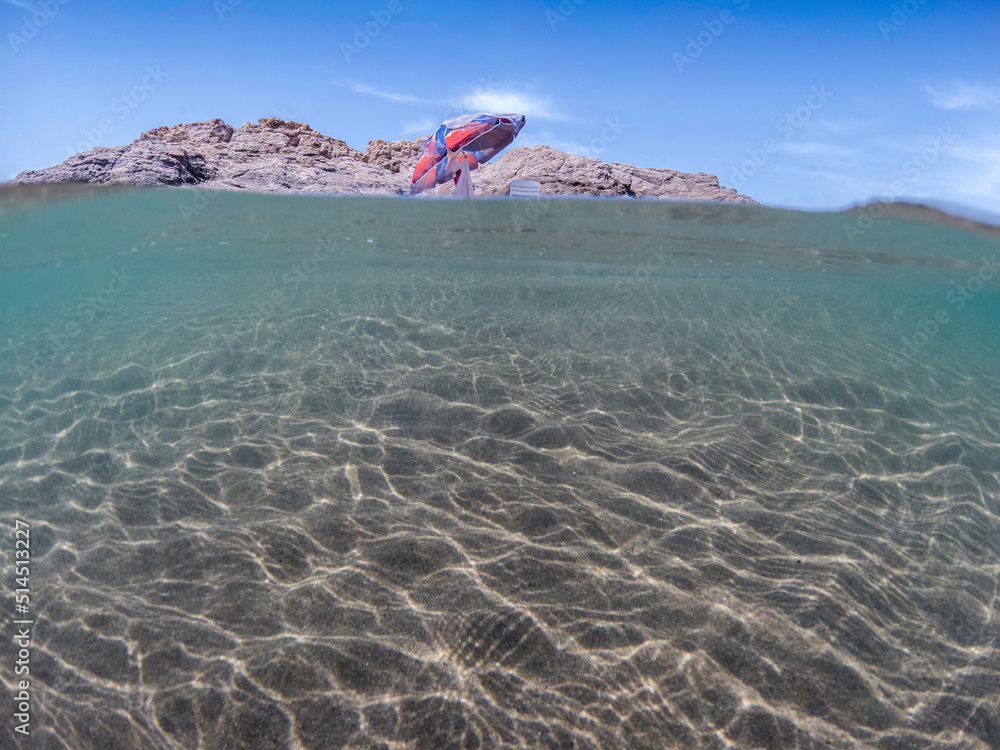underwater blue ocean wide background with sandy sea bottom, Real ...