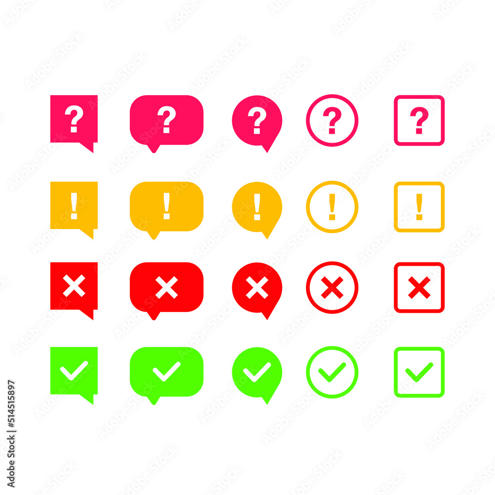 Icon set of check mark, cross, question mark, exclamation point, FAQ ...