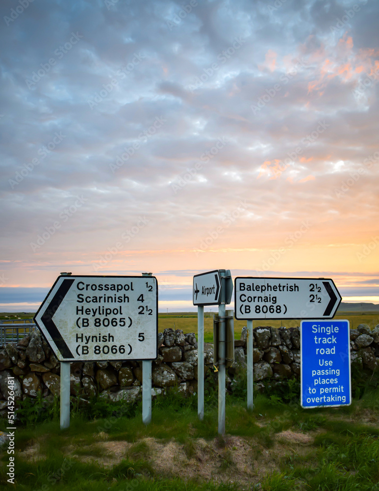 Gaelic place names on a road sign near Crossapol on the Isle of Tiree ...