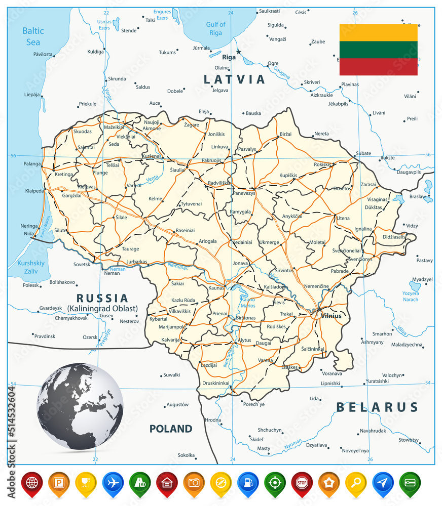 Lithuania Road Map and map icons Stock Vector | Adobe Stock