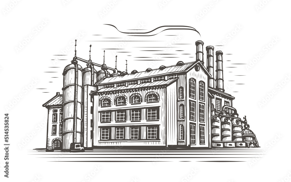 Industrial factory sketch. Vintage manufacturing building in style of ...