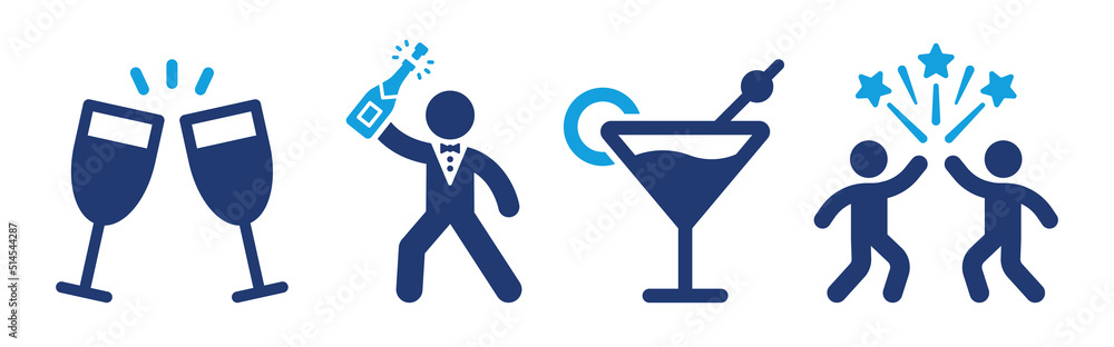 Party icon vector set. Celebration with champagne and cocktail symbol ...