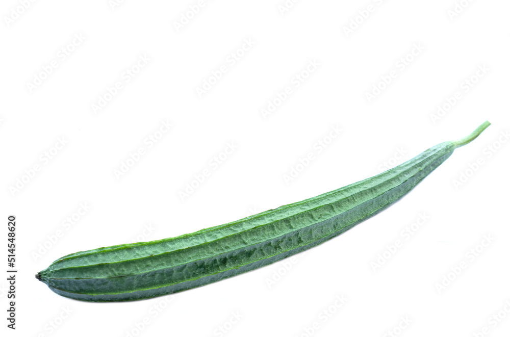 Fresh green loofah zucchini fruit isolated on white background. Concept ...