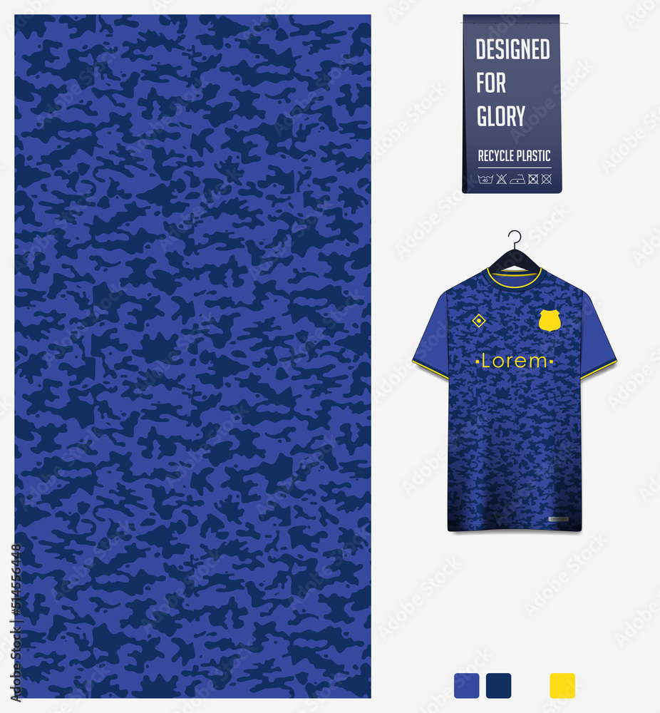 Soccer jersey pattern design. Blue camouflage pattern on navy blue ...