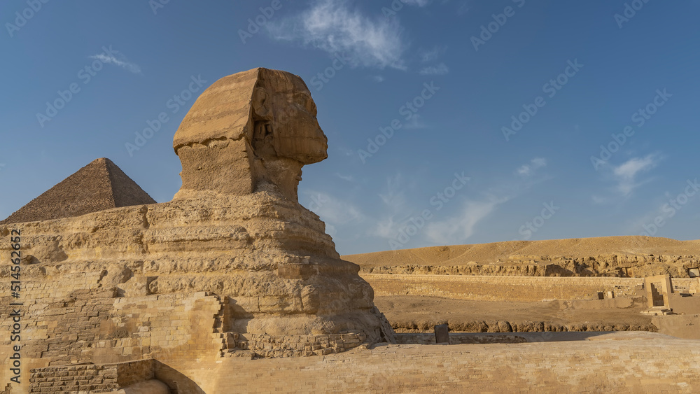 Sculpture of the Great Sphinx against the blue sky. Profile view. The ...