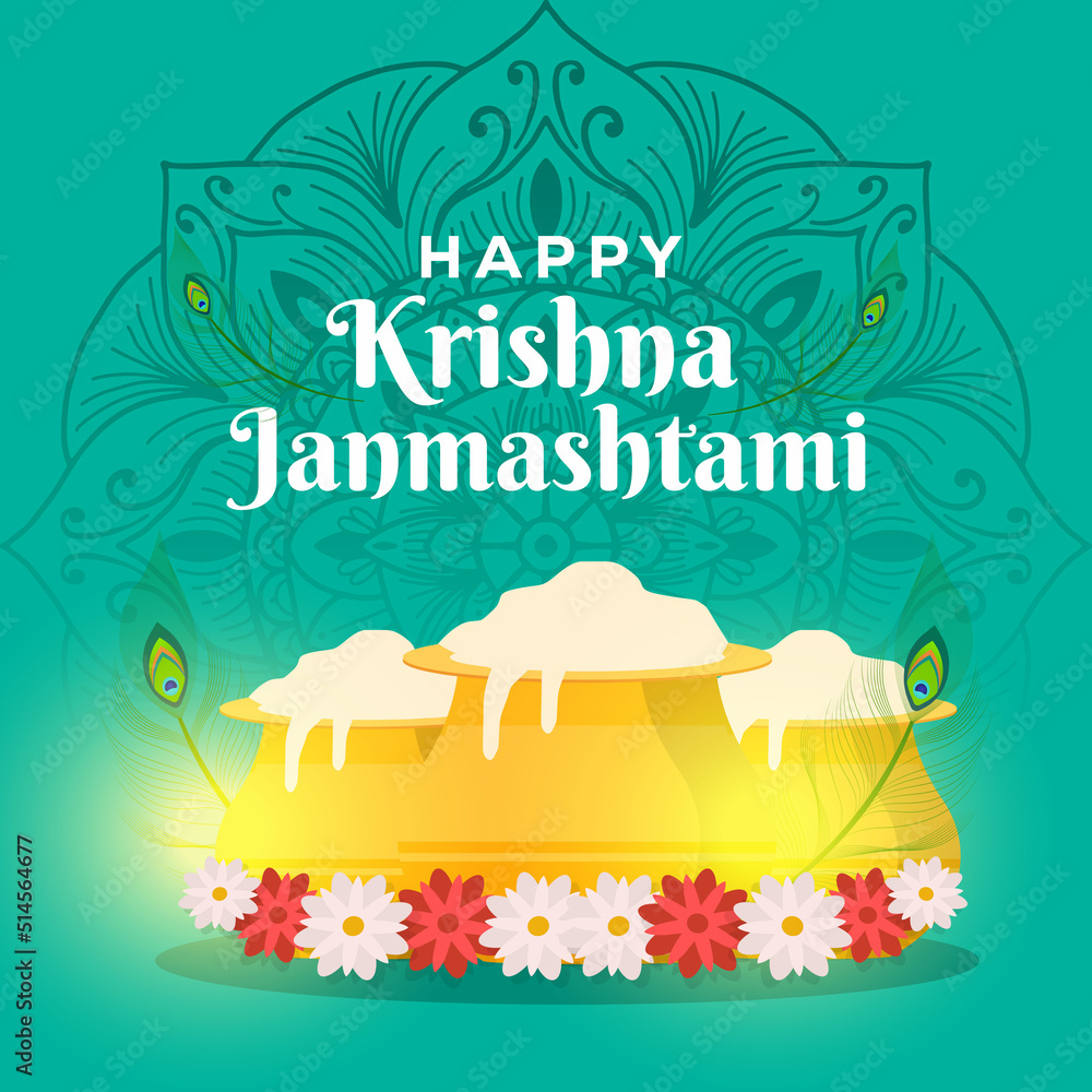 happy krishna janmashtami with matki dahi, peacock feather, and flowers ...