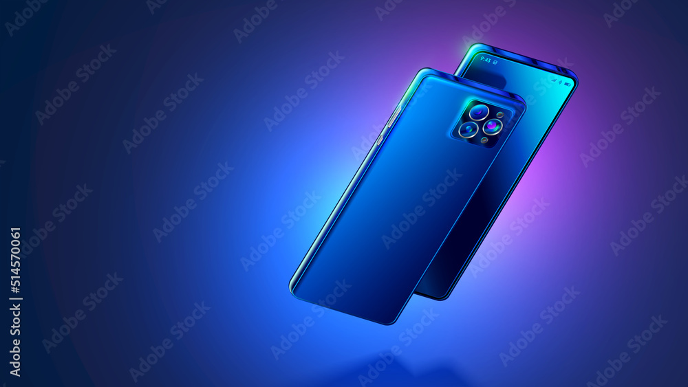 Phone hangs above mirror surface. Smartphone rotated or turned by ...