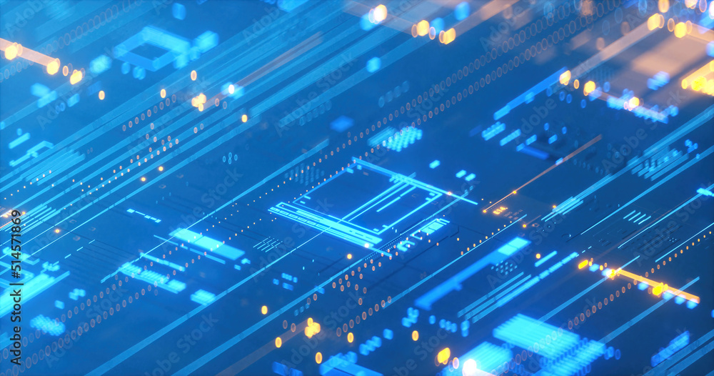3D rendering of cyberpunk AI. Circuit board. Technology background ...