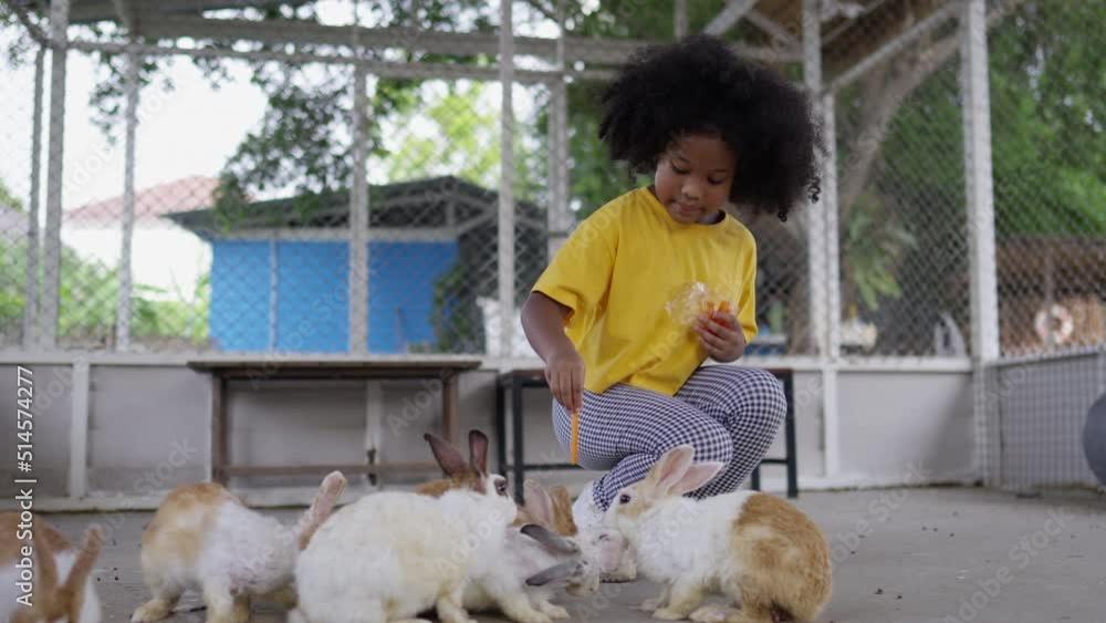 Little African child girl feeding carrot to the rabbit. Children kid ...