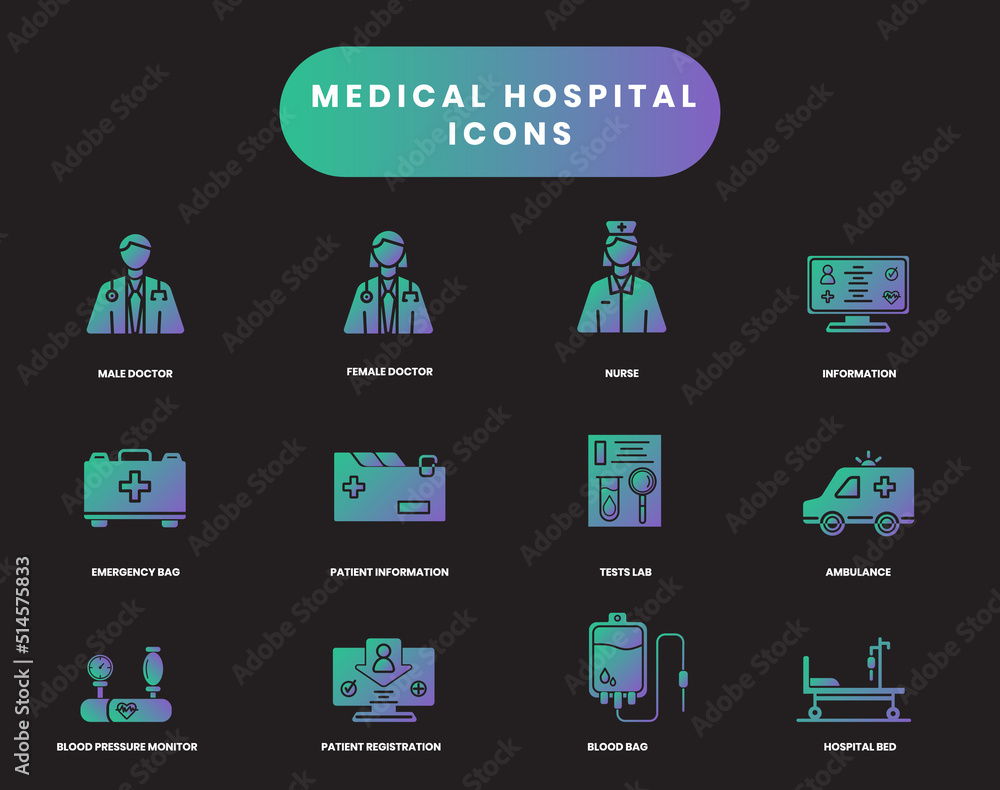 Vector solid gradient medical icons. Patient and doctor care. Nurse ...