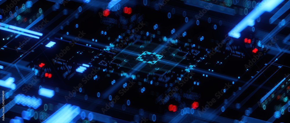 3D rendering of cyberpunk AI. Circuit board. Technology background ...