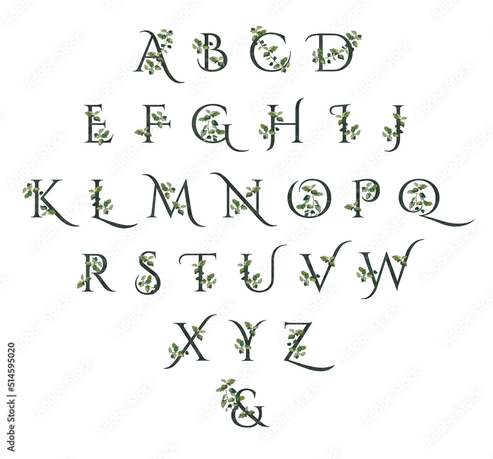 Dark green floral alphabet: letters from A to Z and ampersand sign with ...