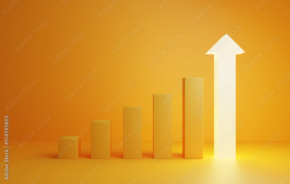 Yellow stair-growing bar chart and a growing arrow bar illuminating on ...