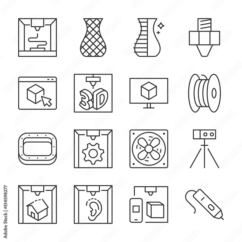 3d printer icons set. Services, steps, tools and accessories for 3d ...