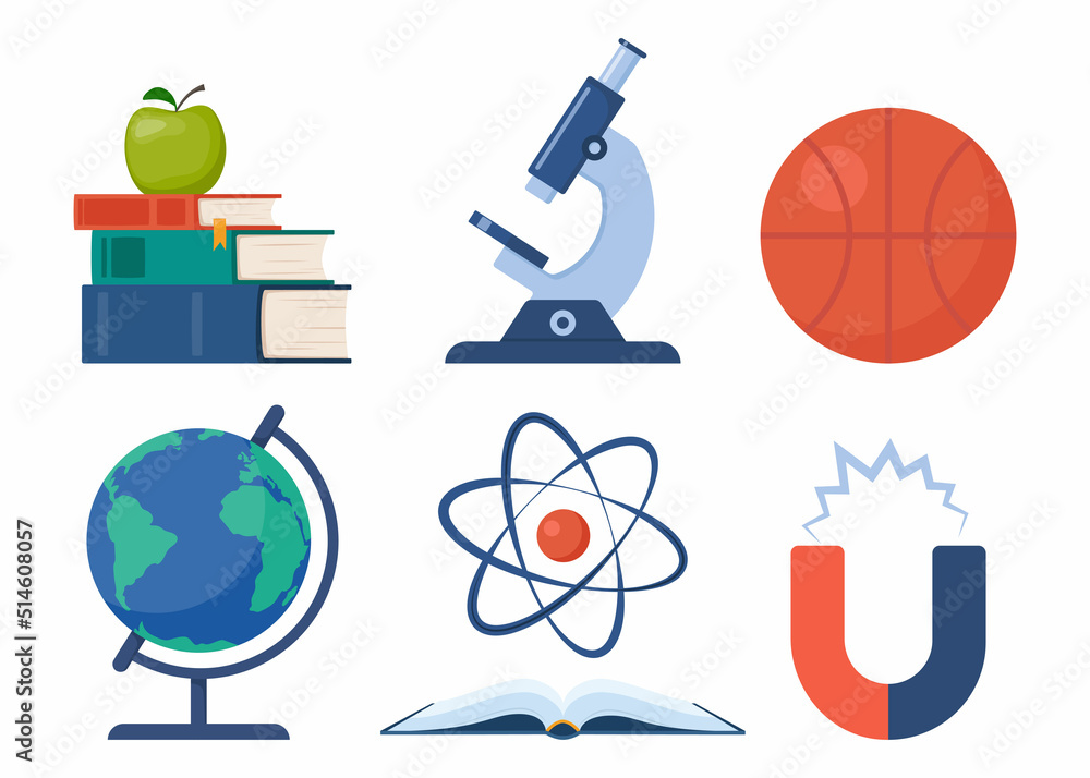 School, science and education icons. Microscope, atom, books, magnet ...