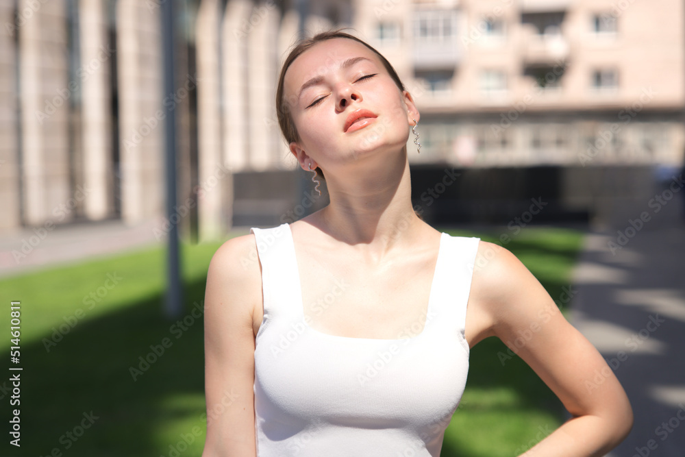 Happy Girl enjoying summer, suffering from heat, woman with heatstroke ...