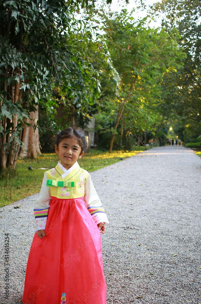 Asian children in national costumes. Lovely kid girl with Korean hanbok ...