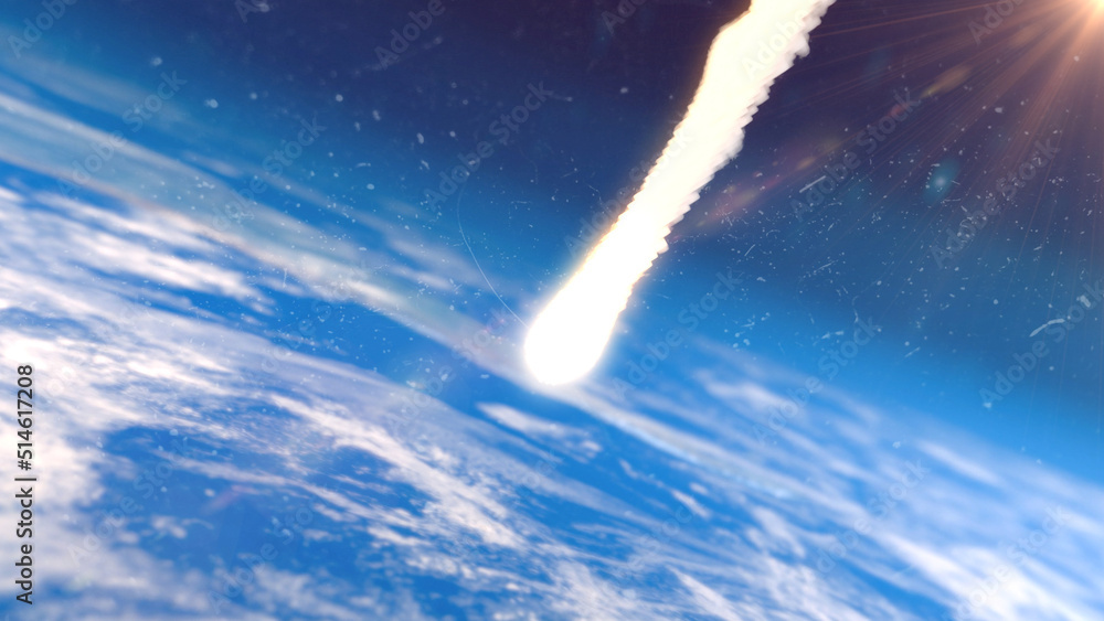 Meteorite flies to earth. Apocalypse concept. Satellite image of a ...