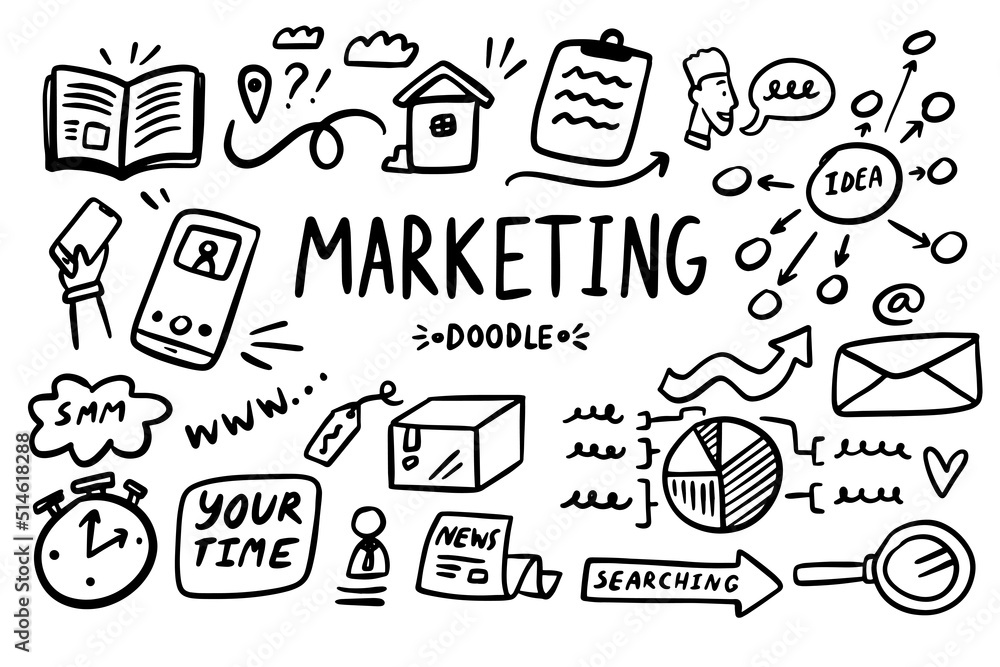 Marketing doodle vector set. Simple sketch outline office planning ...