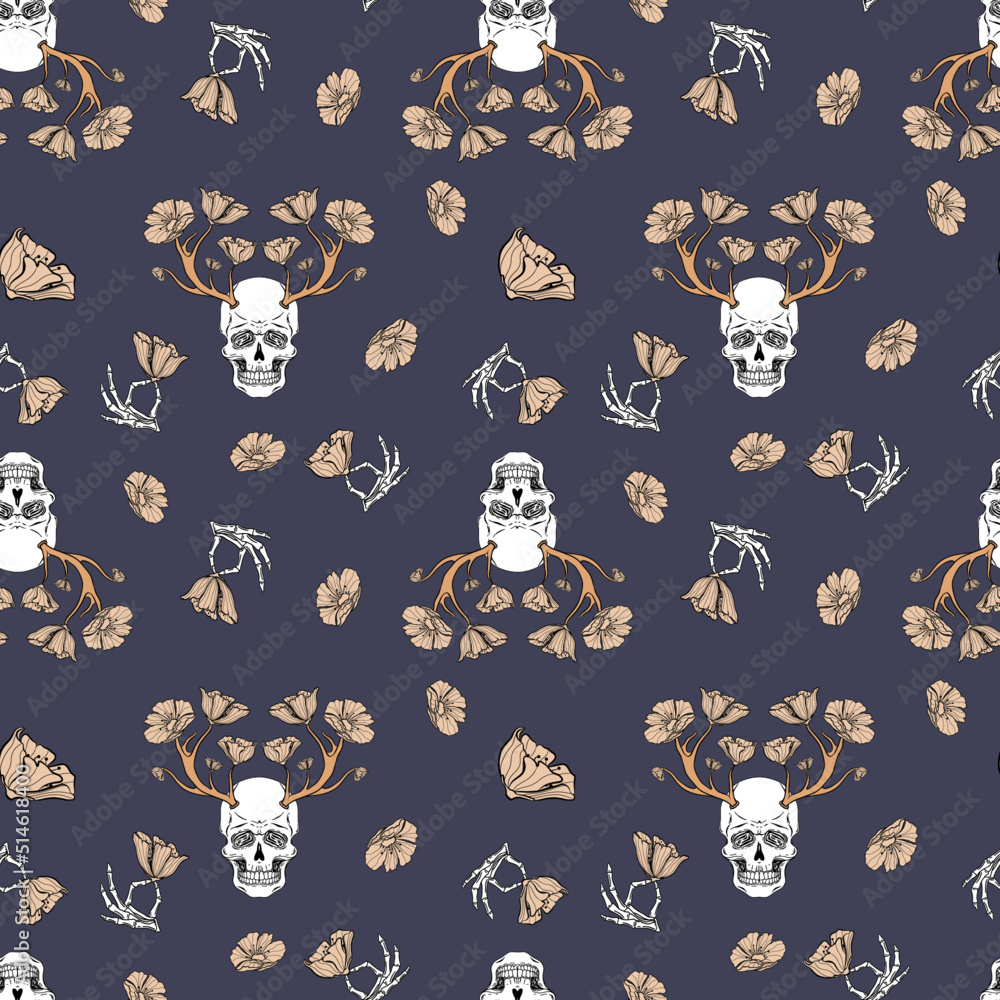 Magic hand drawn colored seamless pattern with sculls, horns and ...