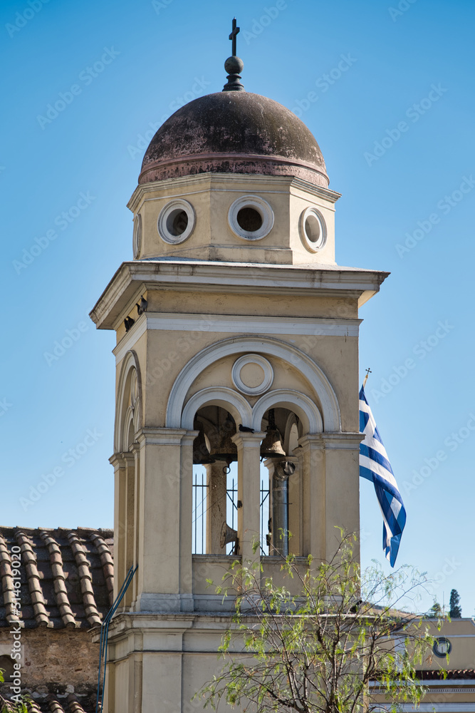 Bell tower of a church in the city center of Athens, Greece with a ...