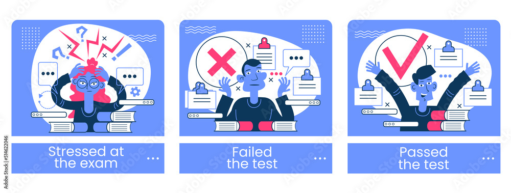 Exams isolated cartoon vector illustrations set, Stressed at the exam ...